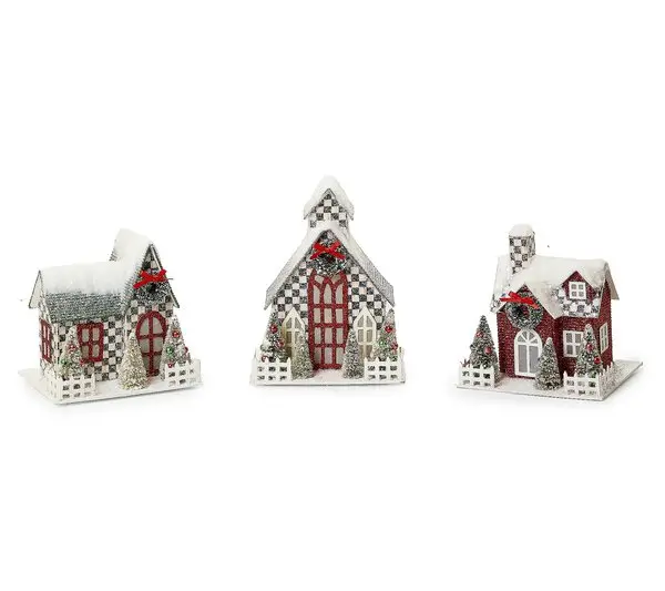 MACKENZIE-CHILDS Set Of 3 Illuminated Holiday Houses