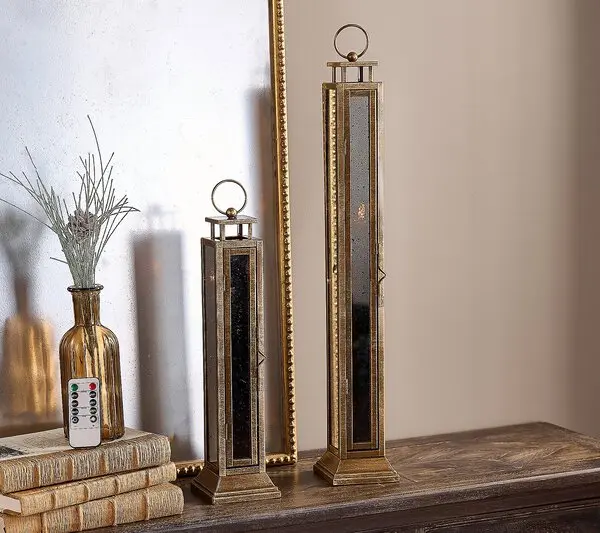 HOME REFLECTIONS Flameless S/2 Mercury Glass Taper Lanterns