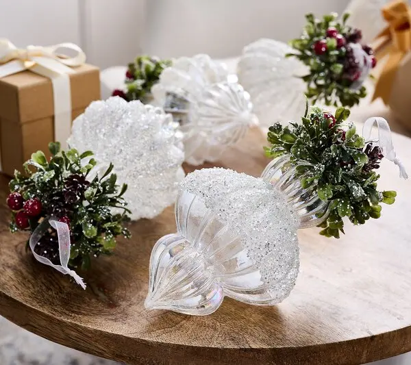 VALERIE PARR HILL S/4 Shimmering Iced Glass Ornaments W/ Embelish Valerie