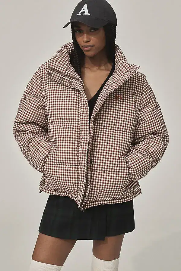 Damson Madder Jennifer Check Puffer Jacket In Brown 41% Off