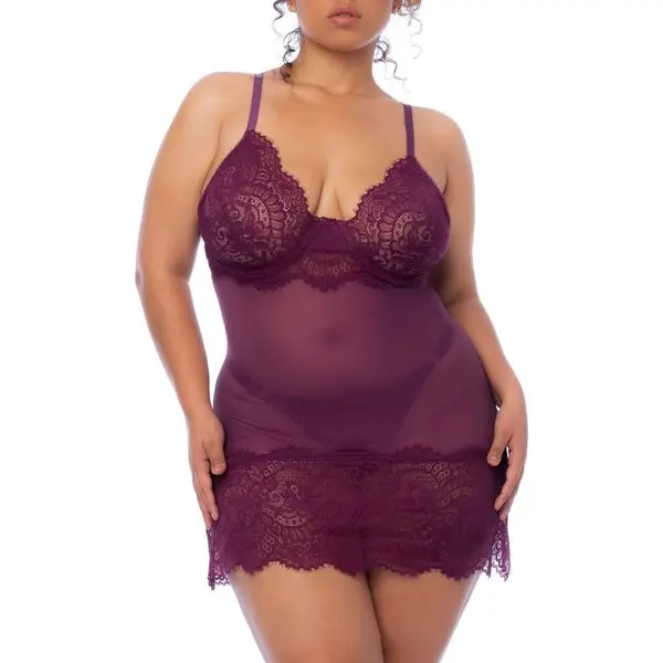 MAPALE Lace Trim Babydoll Chemise & G-string Set