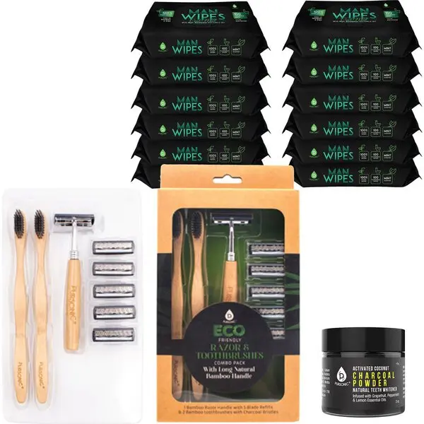 PURSONIC Grooming Essentials Bundle Eco-friendly Razor + Flushable Wipes + Activated Coconut Charcoal Powder - Black