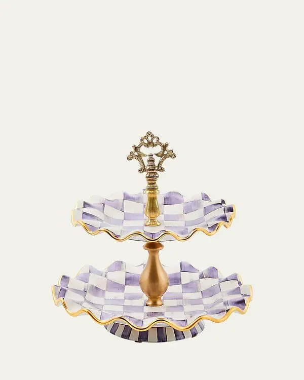 MACKENZIE-CHILDS Plum Check Fluted Ceramic Two-tier Sweet Stand