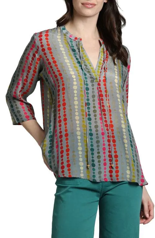 APNY Print Tassel Split Neck Chiffon Top - Grey Multi