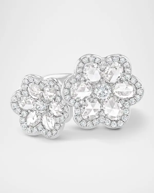 64 Facets 18k White Gold Diamond Double-flower Ring