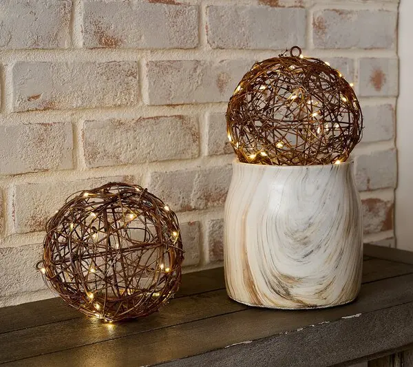 VALERIE PARR HILL As Is Set Of 2 6' Illuminated Rattan Spheres Valerie