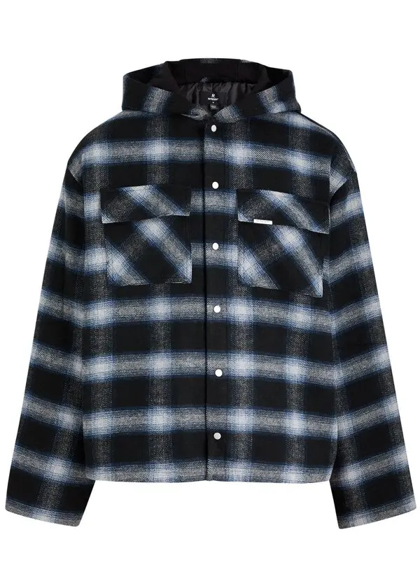Represent Hooded Checked Brushed Overshirt In Navy 50% Off