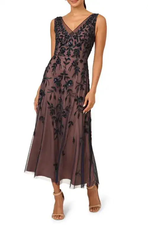 Adrianna Papell Beaded Mesh Sheath Cocktail Dress - Navy/Rose Gold |  Editorialist