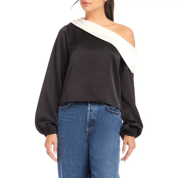 Fifteen Twenty Marisa One-shoulder Satin Top - Black/ Cream