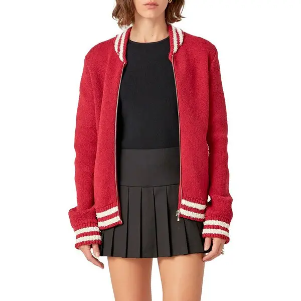 English Factory Knit Bomber Jacket - Burgundy