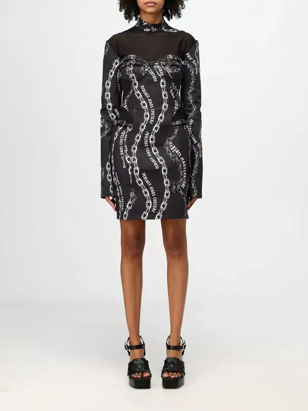 versace chain design dress Versace Black/Gold Baroque Chain Printed Crepe Shift Dress M Versace