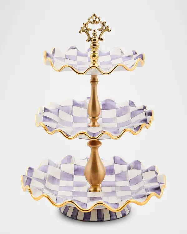 MACKENZIE-CHILDS Plum Check Fluted Ceramic Three-tier Sweet Stand - One-color