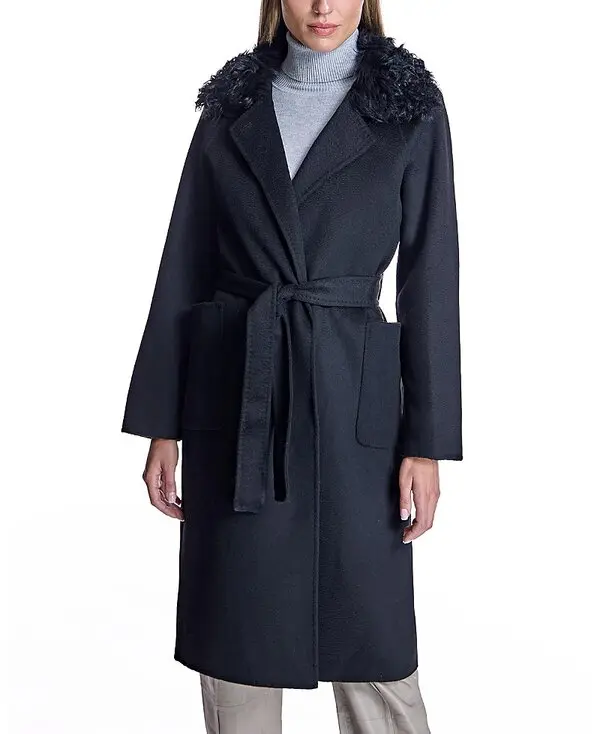MAXIMILIAN Belted Wool Coat With Fur Collar - Black