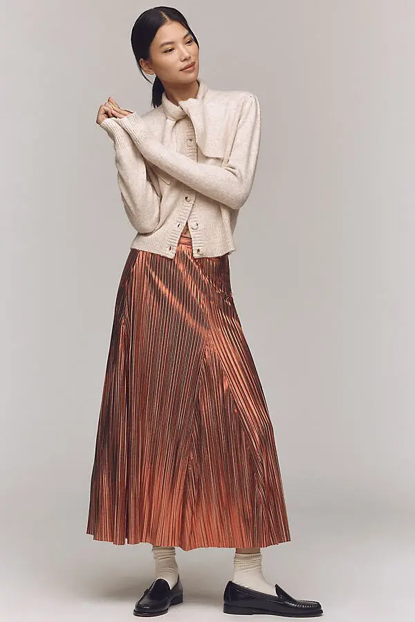 Anthropologie Metallic Pleated Midi Skirt - Red