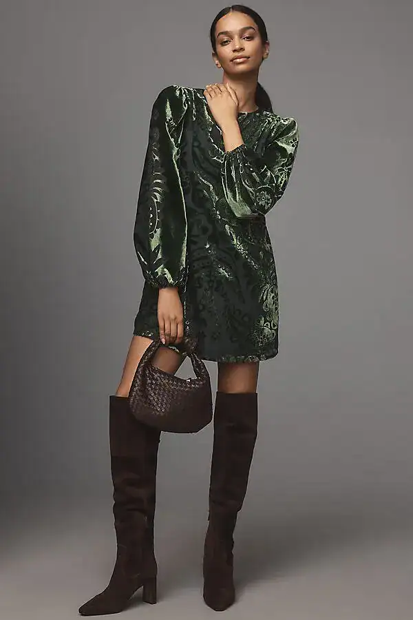 kate hudson green dress Green Long Sleeve Velvet Josie Mini Dress