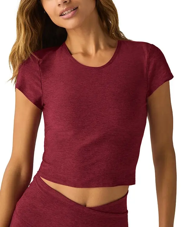 Beyond Yoga Featherweight Let Go Twist Back Cropped T-shirt - Bordeaux Heather
