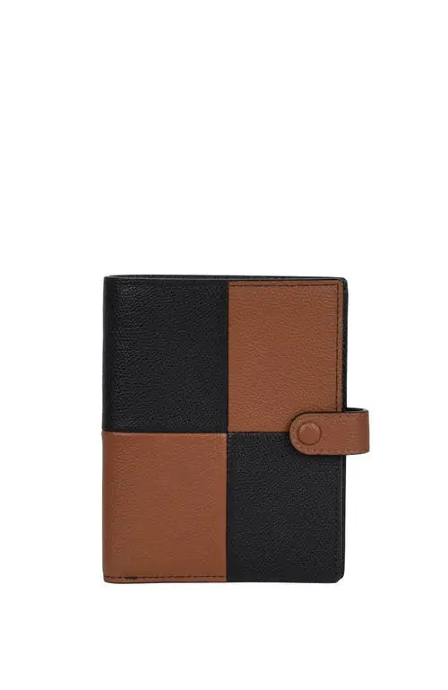 HYER GOODS Upcycled Leather Passport Wallet With Zipper Coin Pocket - Cognac Check