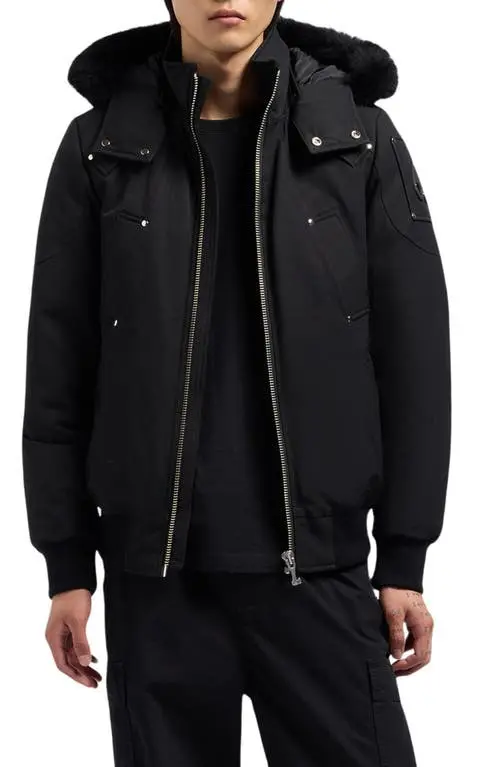 Moose Knuckles Original Genuine Shearling Trim Down Bomber Jacket - Black/ Black