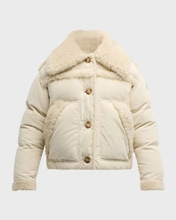 Moncler Caleu Corduroy Puffer Jacket With Shearling Trim