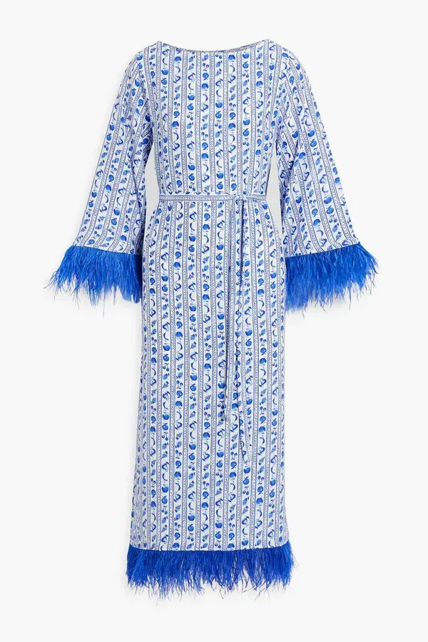 HVN Andrea Feather-trimmed Printed Silk-satin Midi Dress