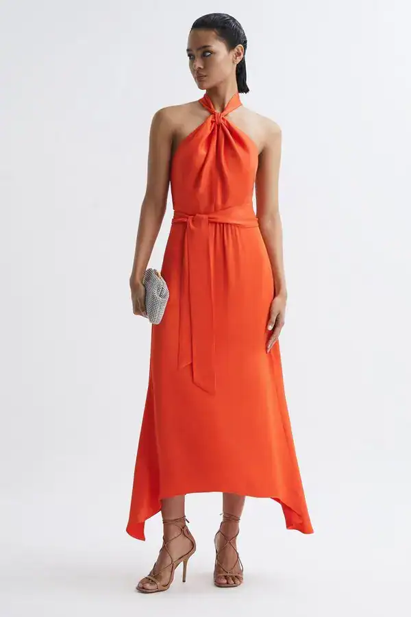 summer halter neck dress ZAPAKA Women Summer Dress Orange Printed Halter Casual Dress with Slit, Orange / XL main image 0