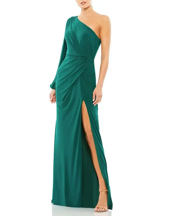 Mac Duggal One-shoulder Faux Wrap Gown - Emerald