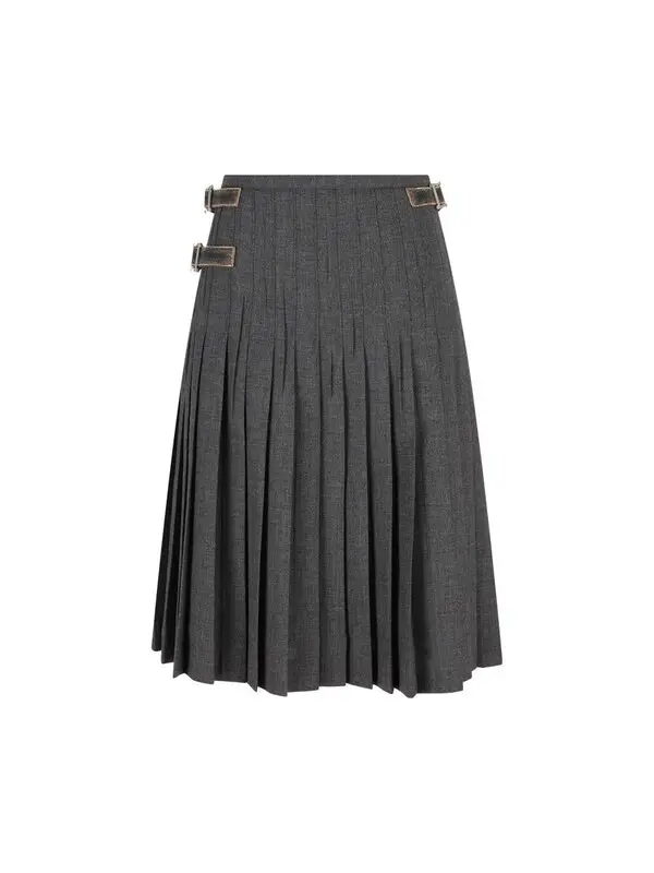 Prada Midi Skirt In Virgin Wool With Pleated Pattern - Gray