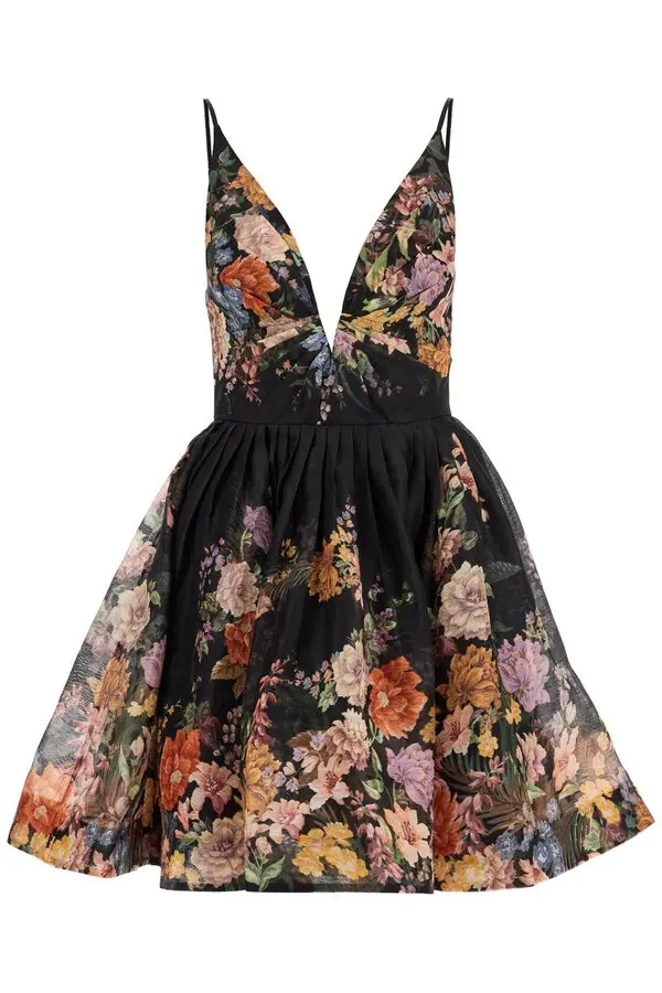 Zimmermann Floral Linen And Silk Organza Dress In Black - 34% Off