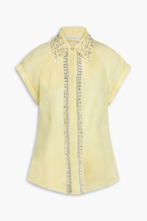 Zimmermann Embellished Linen And Silk-blend Organza Shirt - Pastel Yellow