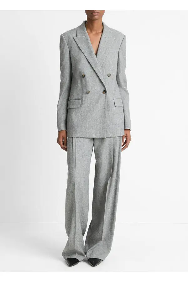 Vince Italian Wool-blend Twill Double-breasted Blazer - Grey