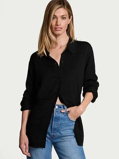 Victoria's Secret Luxe Crème Knit Button-up Shirt - Black