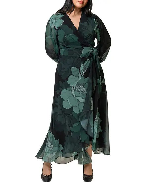 HUTCH Long Sleeve Wrap Dress - Forest Tonal Sektched Floral
