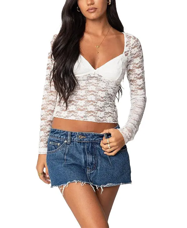 EDIKTED Mykonos Sheer Lace Top - White