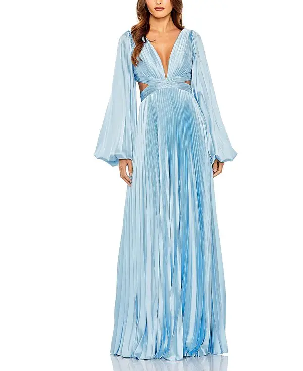 Mac Duggal Long Sleeve Pleated Charmeuse Gown - Powder Blue