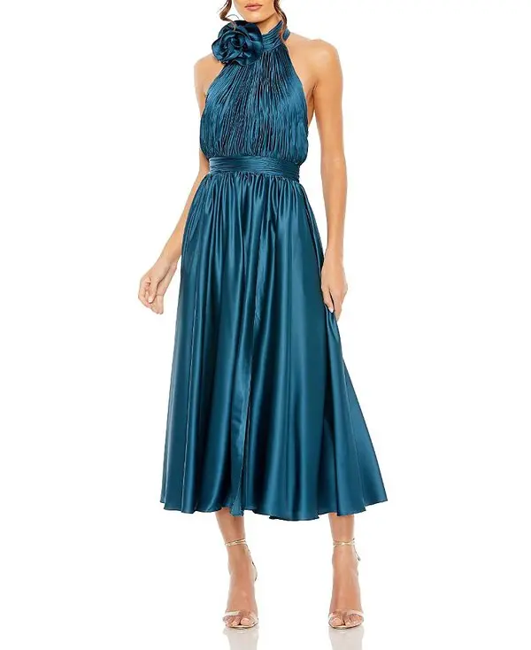 Mac Duggal Pleated Charmeuse High Neck Midi Dress
