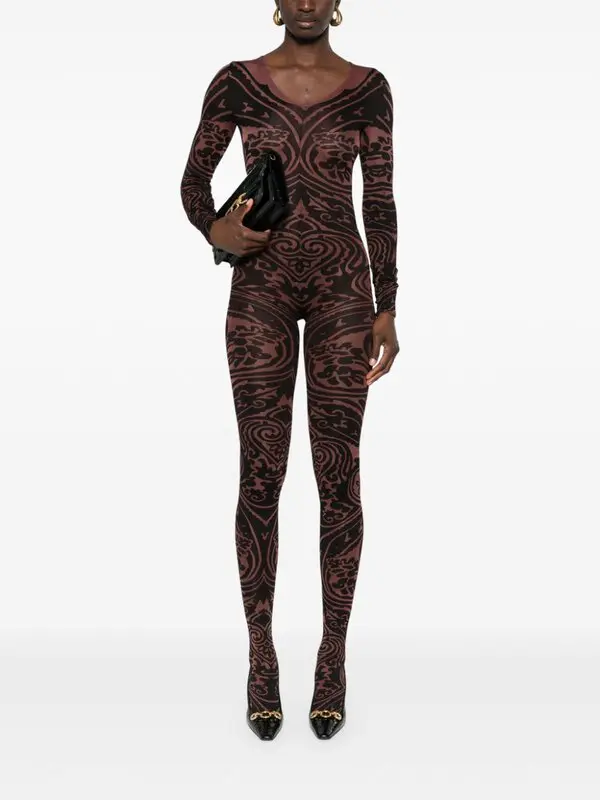 Wolford X Etro Body Tattoo V-Neck Catsuit - Brown | Editorialist