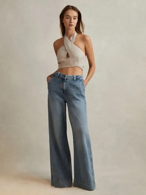 REISS Abigail Linen Halter Neck Crop Top - Neutral