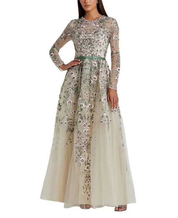 Mac Duggal Long Sleeve Embellished Gown - Sage Multi