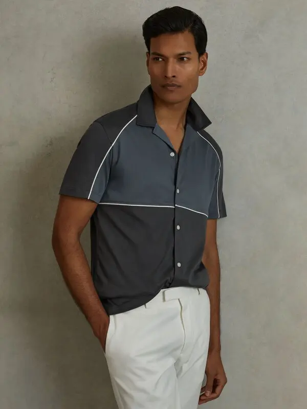 REISS Gino Mercerised Cotton Colourblock Cuban Collar Shirt