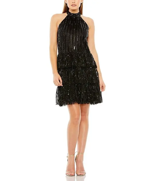 Mac Duggal High Neck A-line Sequin Mini Dress