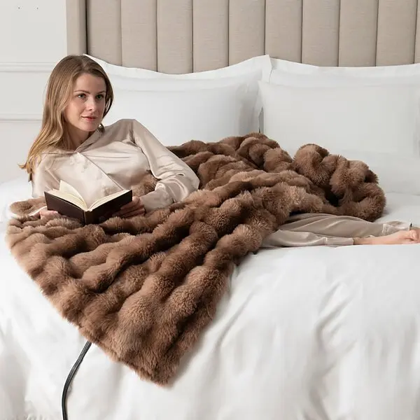 BROOKSTONE Luxe Faux Fur Heated Throw Blanket Exclusive - Brown