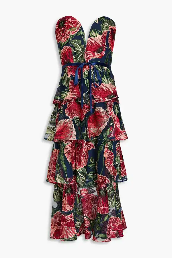 Marchesa Strapless Tiered Embroidered Tulle Midi Dress In Navy - 70% Off |  Editorialist