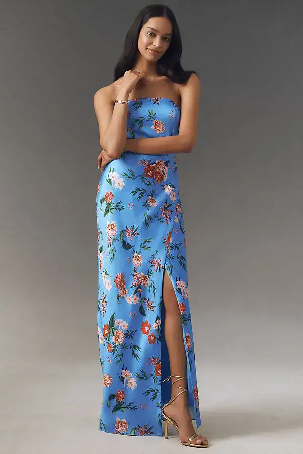 Sachin Babi Ila Stretch Satin Maxi Dress In Blue Wildflowers