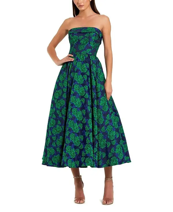 Mac Duggal Brocade Strapless A-line Midi Dress - Emerald Multi