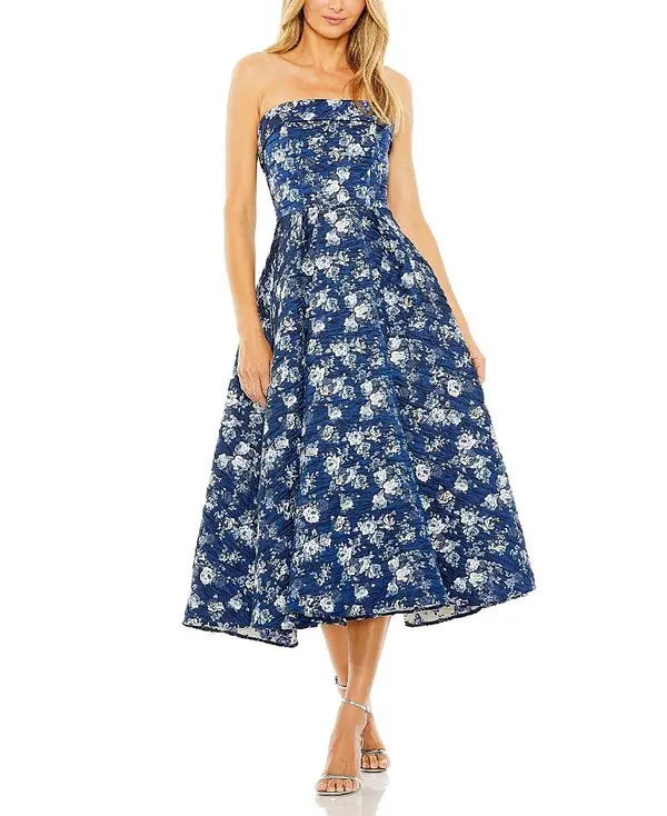 Mac Duggal Strapless Brocade Midi Dress - Blue Multi