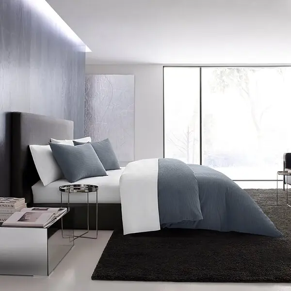 Vera Wang Waffle Pique Duvet Cover Set, Queen - Medium Blue