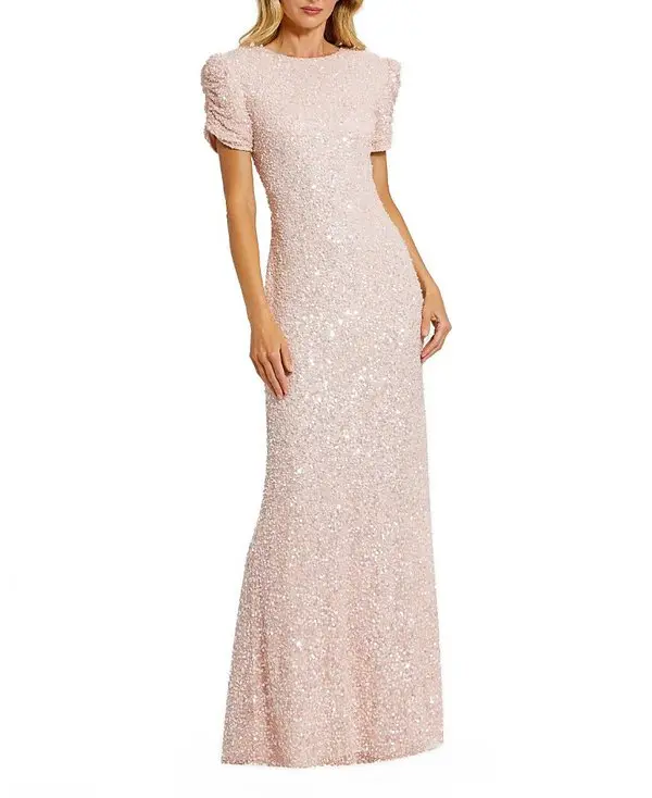 Mac Duggal Gathered Short Sleeve Beaded Gown - Blush
