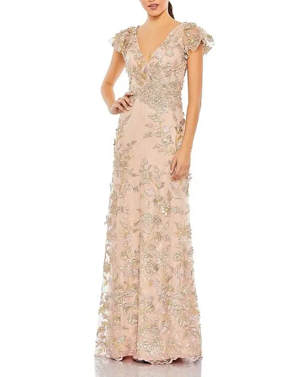 Mac Duggal Embroidered Applique Flutter Sleeve Gown - Rose Gold