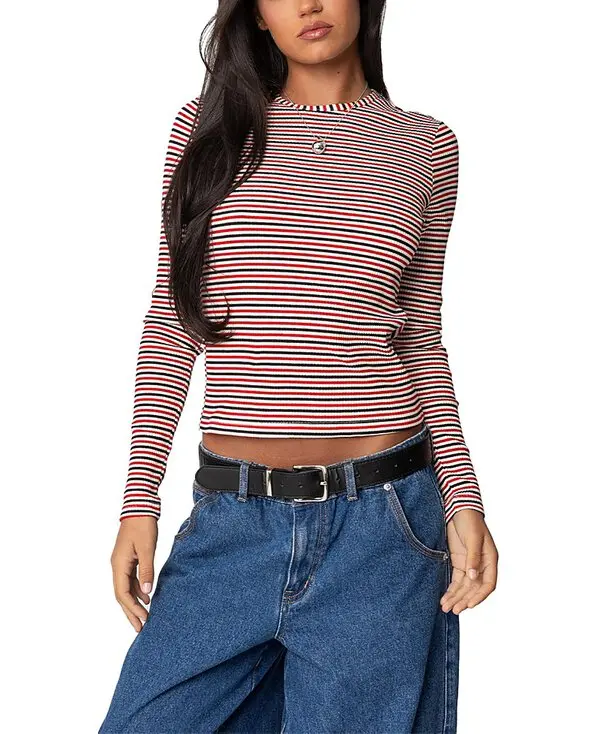 EDIKTED Corina Ribbed Stripey Long Sleeve T-shirt - Mix