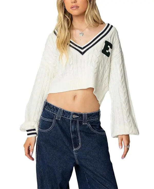 EDIKTED Collegiate Cropped Cable Knit Sweater